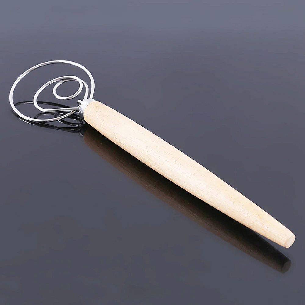 Danish Dough Whisk Bread Making Tools Stainless Steel Danish Dough Hook Bread Dough Mixer Hand Bread Dough Whisk for Pastry, Baking Cake, Dessert, Sourdough, Pizza, with Wooden Handle, 13 inch