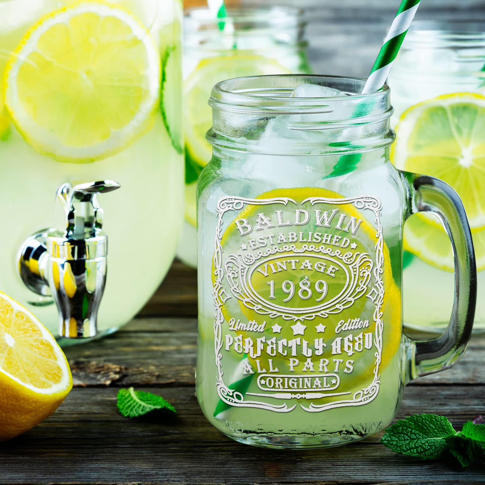 Cuptify Personalized Beer Glass 34th Birthday Perfectly Aged 34 Years Old 1989 Etched Mason Jar Glass 16 oz Drinking Glasses with Handle