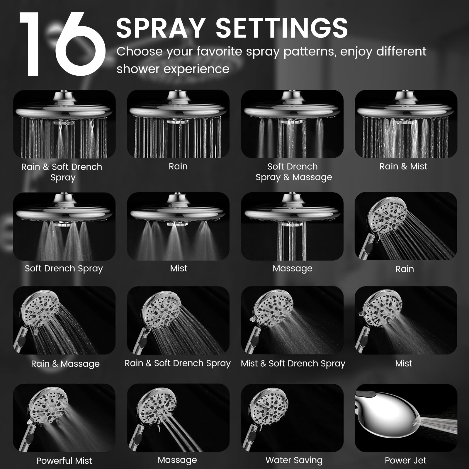 FEELSO Shower Heads with Handheld Spray Combo with ON/OFF Pause Switch, 10" High Pressure Rain 7 Settings Showerhead with 11" Adjustable Extension Arm, 9 Functions Anti-clog Handle Set with Power Wash
