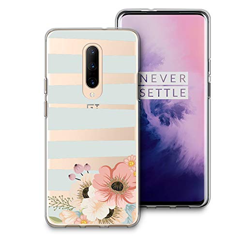 CasesByLorraine Compatible with OnePlus 7 Case, Striped Floral Flowers Clear Transparent Flexible TPU Soft Gel Protective Cover for OnePlus 7 (2019)