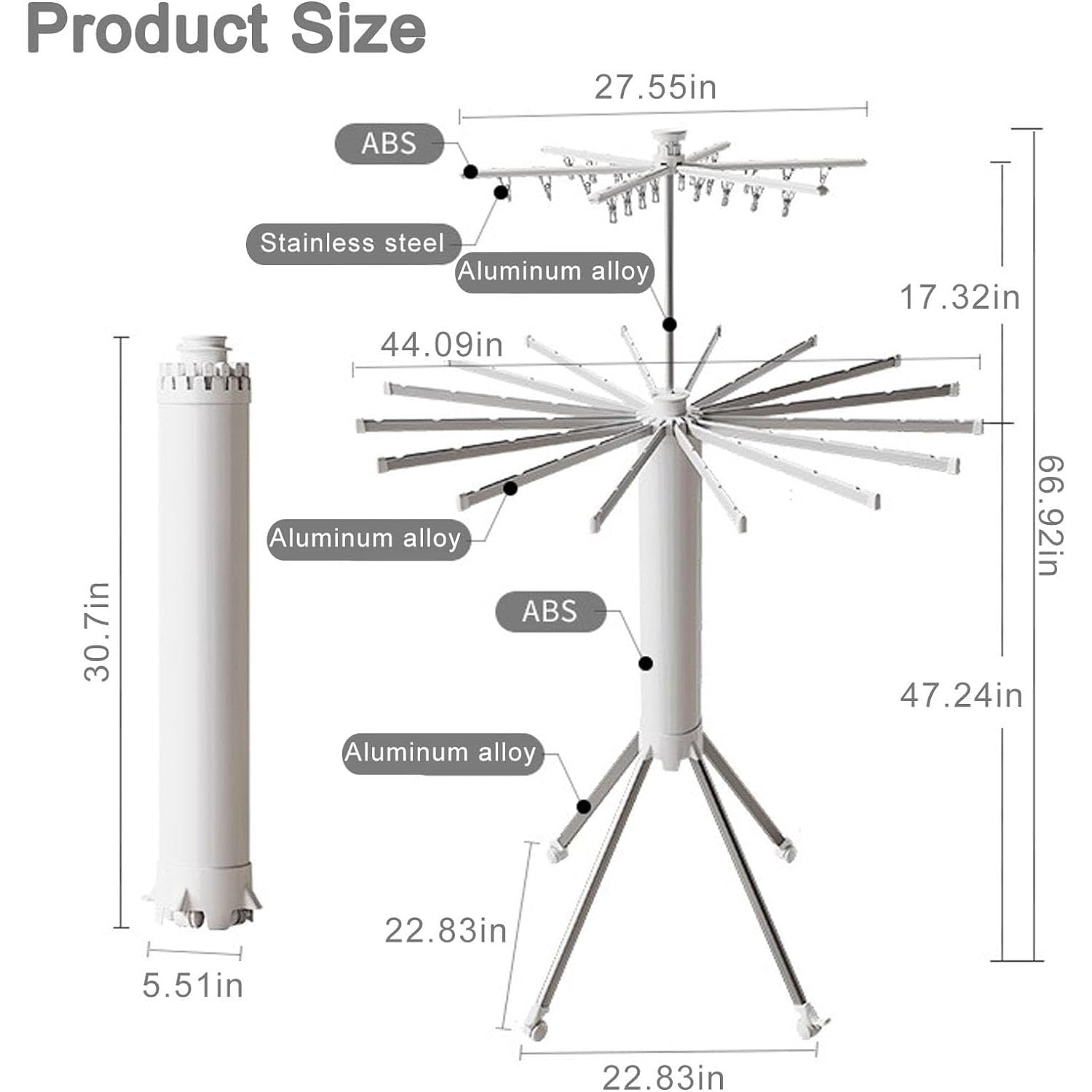 gooatry Double-Layer Four-Foot Clothes Drying Rack,Foldable Portable Clothes Rack with Four Wheels,Drying Garment Rack-16+6Arms for Hanger,Space Saving (Aluminum), Silver