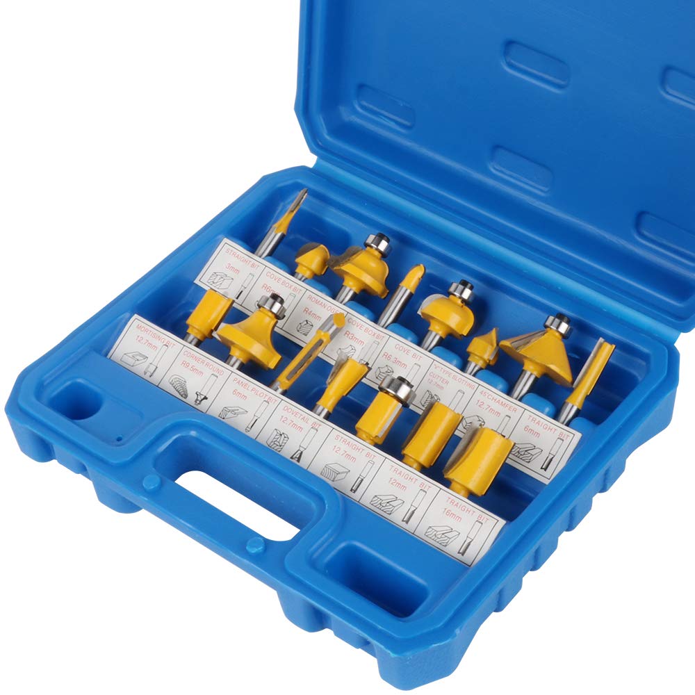 JIUNENG Carbide Tipped Router Bit Set with 1/4" Shank, Router Bit Kit for DIY, Woodworking Project, 15 Piece Set