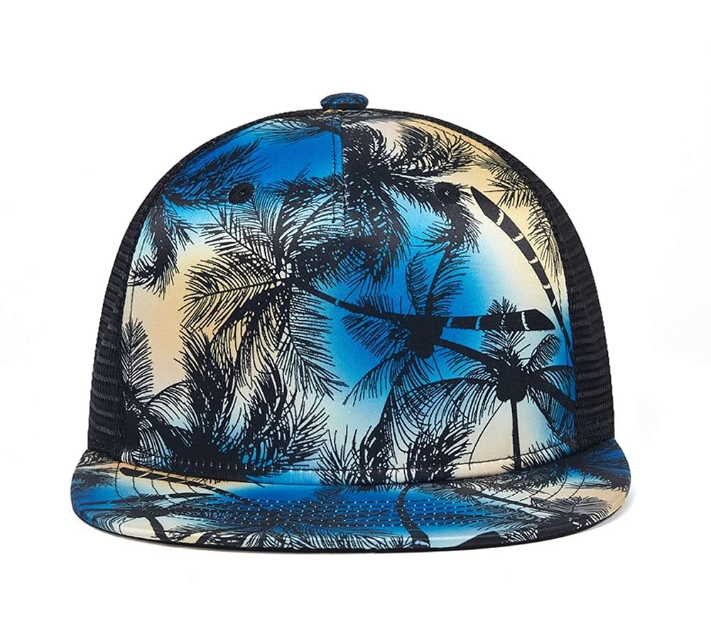 CLOTIME Graphic Trucker Hat Unisex Mesh Trucker Hat The Palm Coco Tree Cap Flat Bill Snapback Hats for Men Women, Blue, One Size