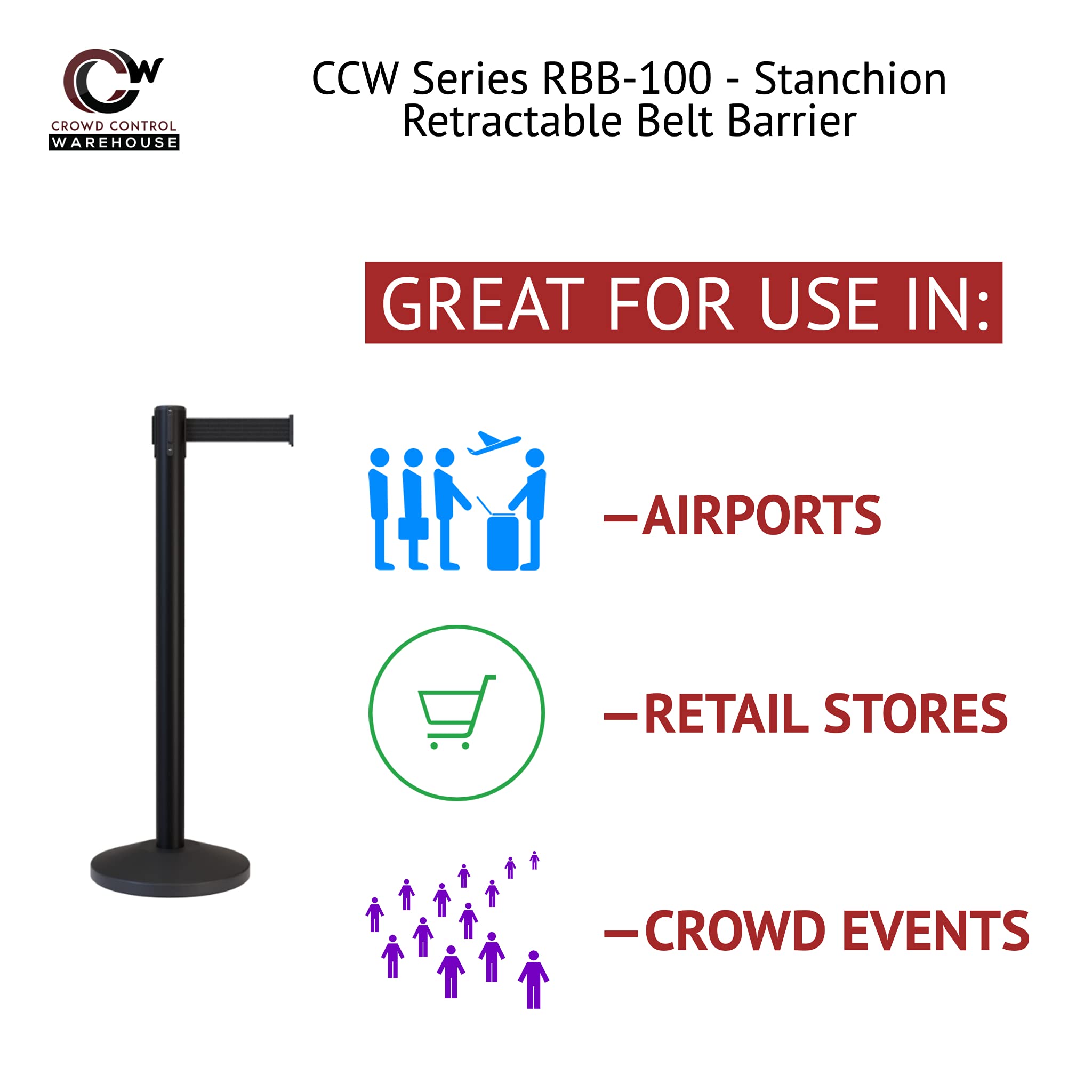 Crowd Control Warehouse CCW Series RBB-100 - Set of 2 Stanchion Retractable Belt Barriers - 11 Foot Black Belt, Black Post - Easy Assembly