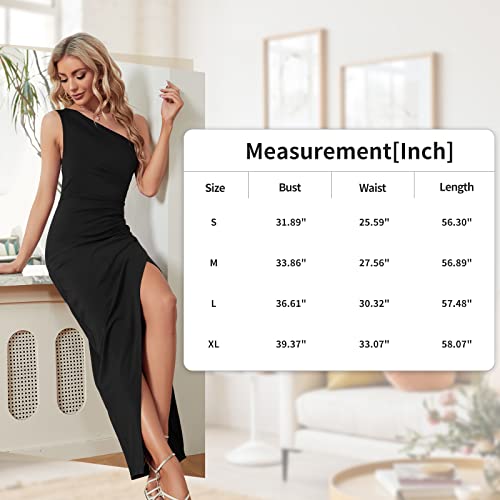 Sarin Mathews Womens One Shoulder Long Formal Dress Sexy Summer Sleeveless Bodycon Ruched Wrap Split Cocktail Dresses Black L