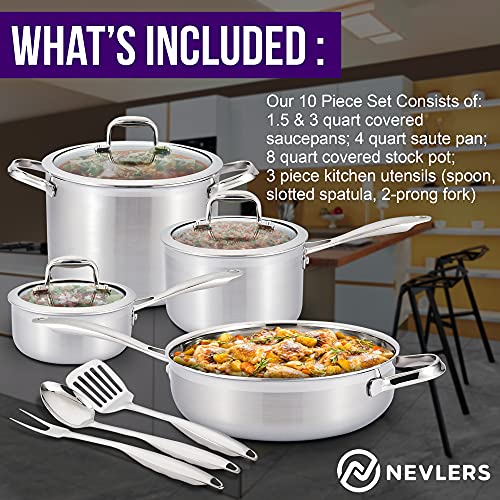 Nevlers 10 Piece Multi-Clad Tri-Ply 18/8 Stainless Steel Cookware Set - Pots and Pans Set - Makes for a Great Cooking Set for Your Kitchen - It is Dishwasher Safe Too!