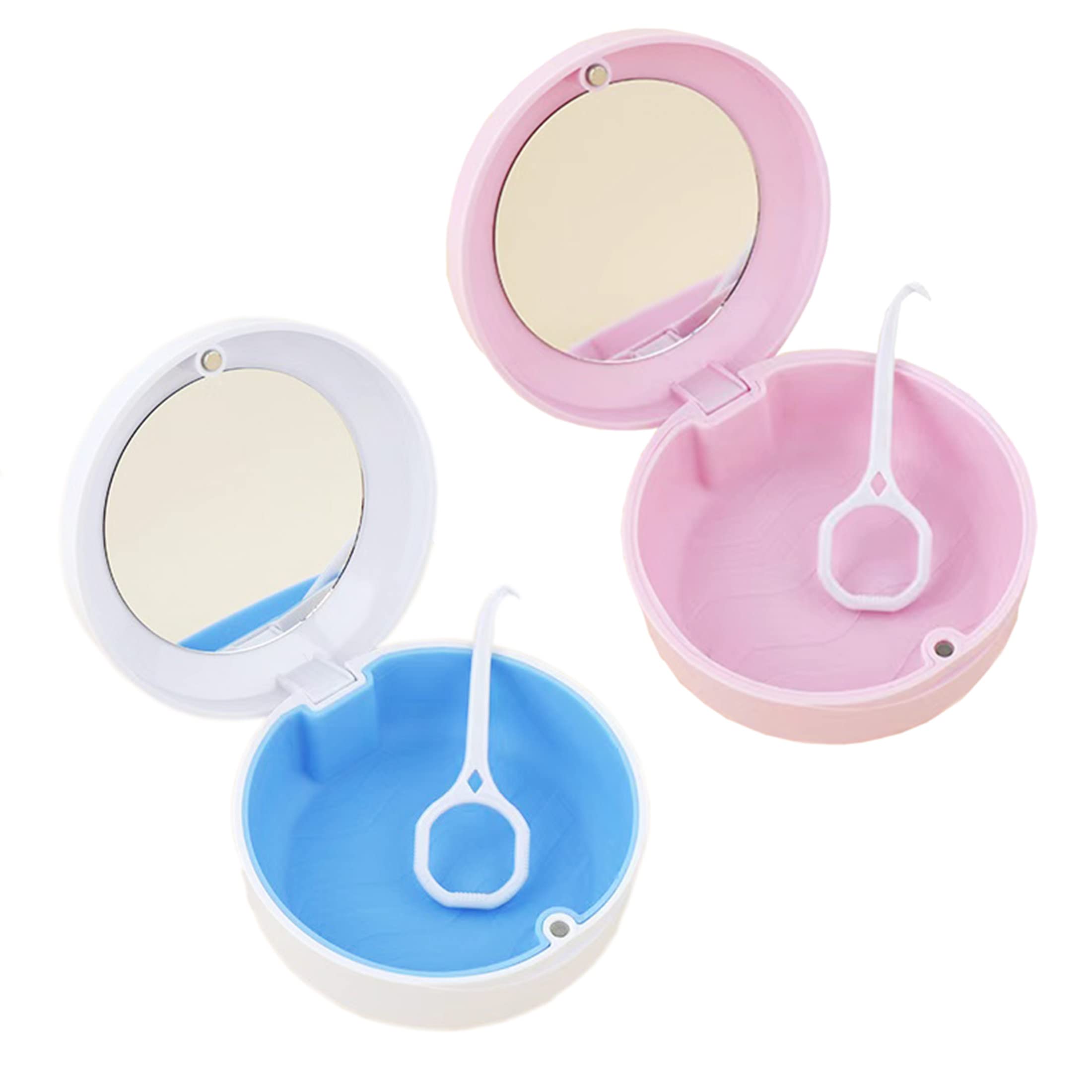Denture Bath Box Retainer Cleaning Box with Mirror Magnetic Close&Open for Retainers, Night Guard & Dentures Aligner Removal Tool 2Pack (Pink&White)