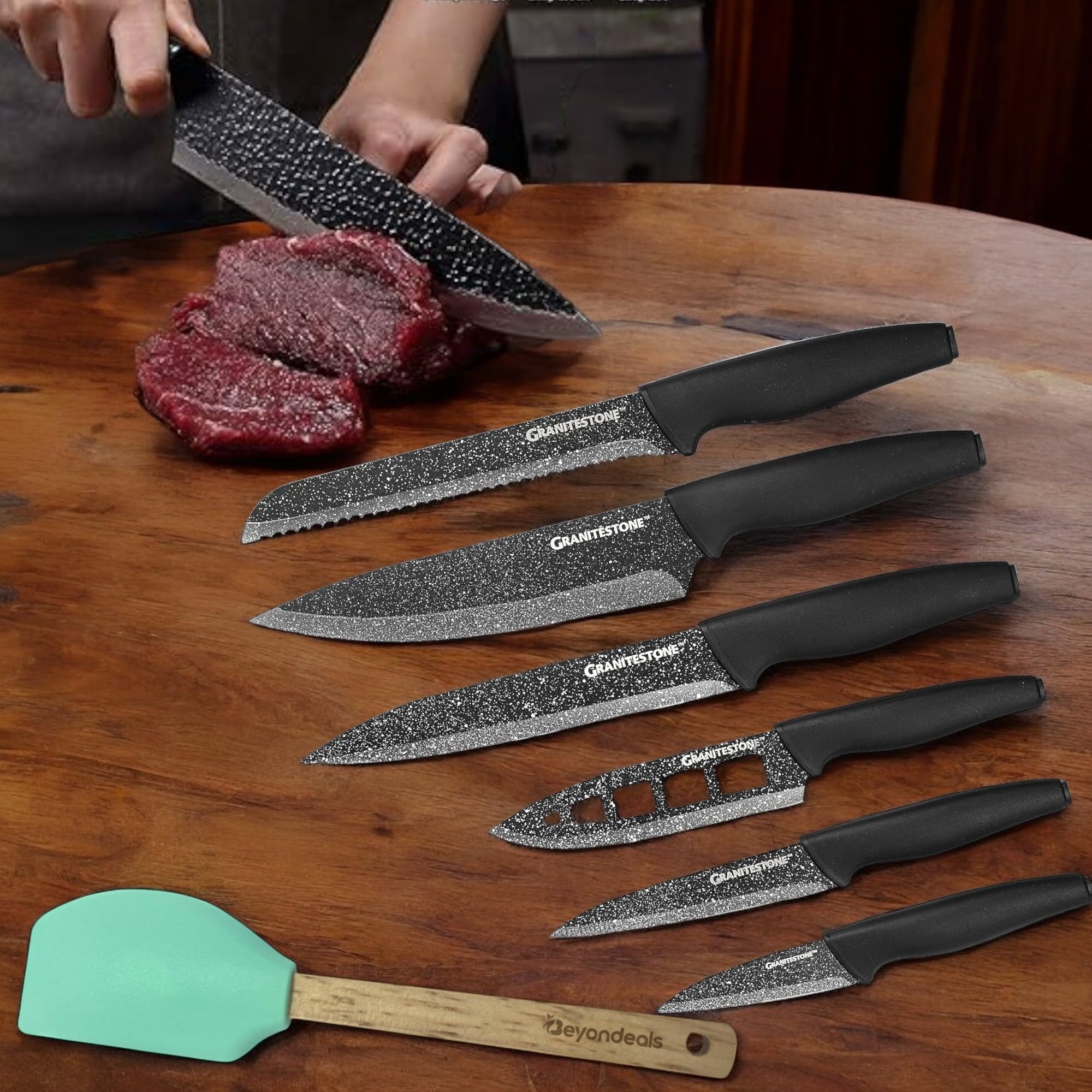 Granitestone Nutriblade Knife Set Bunded Silicone Spatula, Professional Chef Kitchen Set, Stainless Steel Knives 1.39lb, Nonstick Coating, Ergonomic Rubberized Grip, Dishwasher Safe Knife [Pack Of