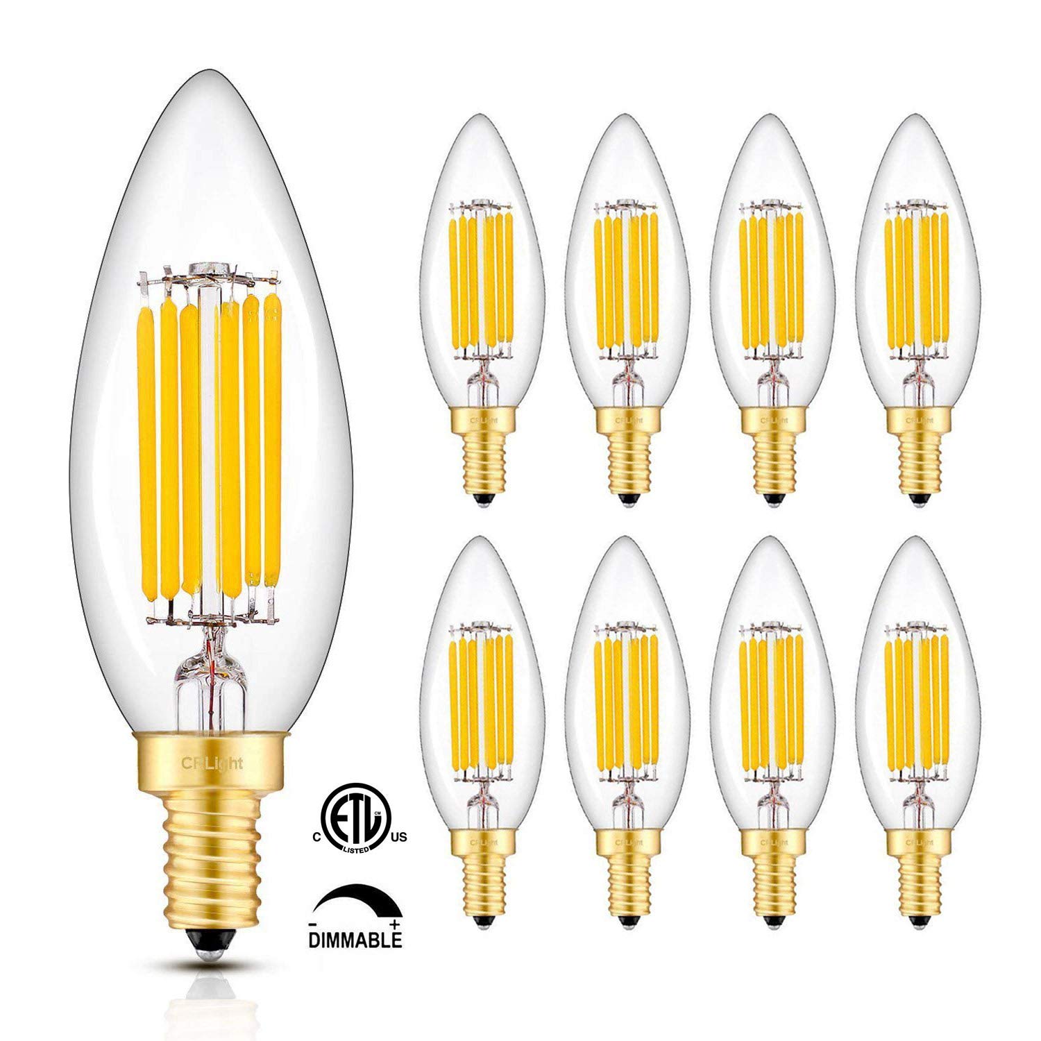 CRLight 6W LED Candelabra Bulb 5000K Daylight White, 70W Equivalent 700 Lumens Dimmable E12 Base LED Candle Bulbs, Vintage Edison B10 Clear Glass Torpedo Shape Chandelier Light Bulbs, 8 Pack