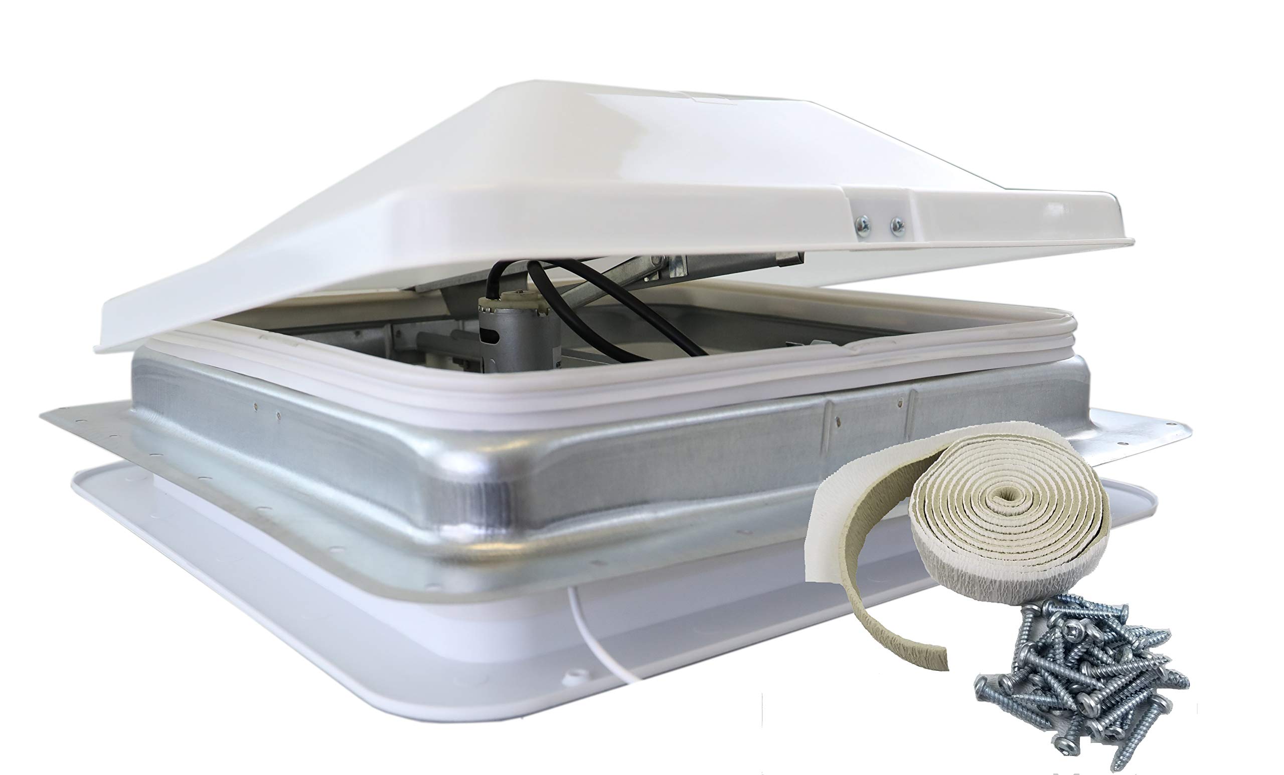 Class A Customs 12 Volt Powered 14" RV Roof Vent with White Wedge Style Lid - Putty & Screws | 71112A-PS