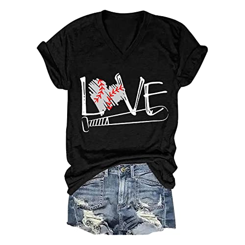 DUOWEI Women V Neck Casual Baseball Print Short Sleeve T Shirt