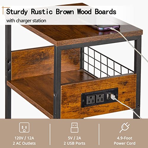 X-cosrack Record Player Stand with Vinyl Record Storage, 3 Tier Side Table with Charging Station & USB Ports, Retro End Table for Living Room Bedroom, Sturdy Wood and Metal Frame, Brown & Black