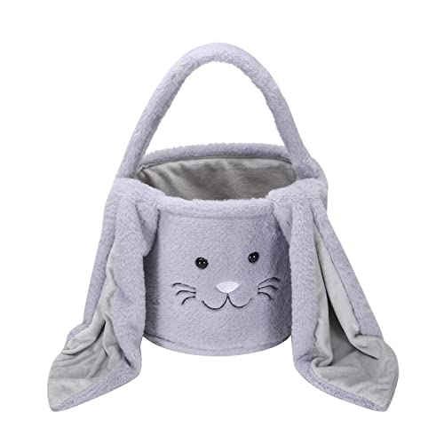 E-FirstFeeling Plush Easter Bunny Basket for Girls Boys Easter Basket for Kids Easter Egg Hunt Basket with Plush Ears Bunny Bucket Tote for Easter Eggs Candy (Plush-Grey)