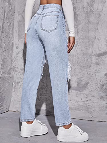 MakeMeChic Women's Ripped Mom Jeans High Waisted Distressed Denim Pants Light Wash M