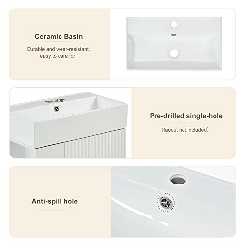 JUOFONE 21.6" White Bathroom Vanity with Sink Combo, Modern Bathroom Cabinet with Door, Freestanding Single Bathroom Vanity Set with Open Shelves (White_ Shelf on The Right)