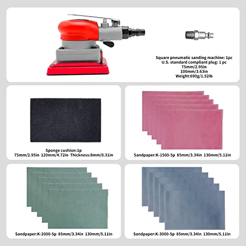 DATOUBOSS Pneumatic Palm Sander Square Air Random Orbital Sander for Car Waxing,Auto Body Work, Wood working Car Polisher Sets with Sanding Pad and 15 Pcs Sandpapers
