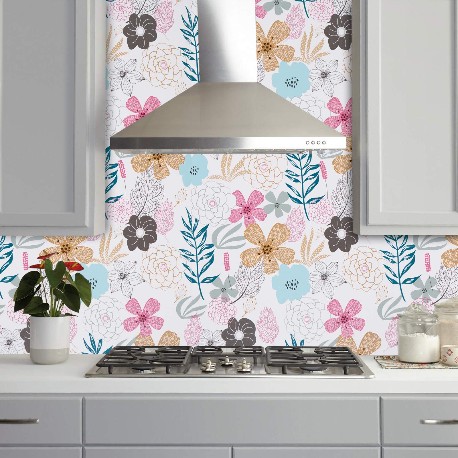 Mecpar Floral Wallpaper 17.71'' x 118'' Perennial Blooms Peel and Stick Vinyl Self Adhesive Removable Waterproof Wallpaper for Bathroom Cabinet Prepasted Decorative