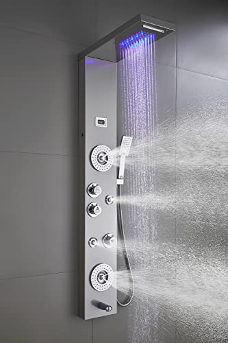 ELLO&ALLO Stainless Steel Shower Panel Tower System,LED Rainfall Waterfall Shower Head 6-Function Faucet Rain Massage System with Body Jets, Brushed Nickel