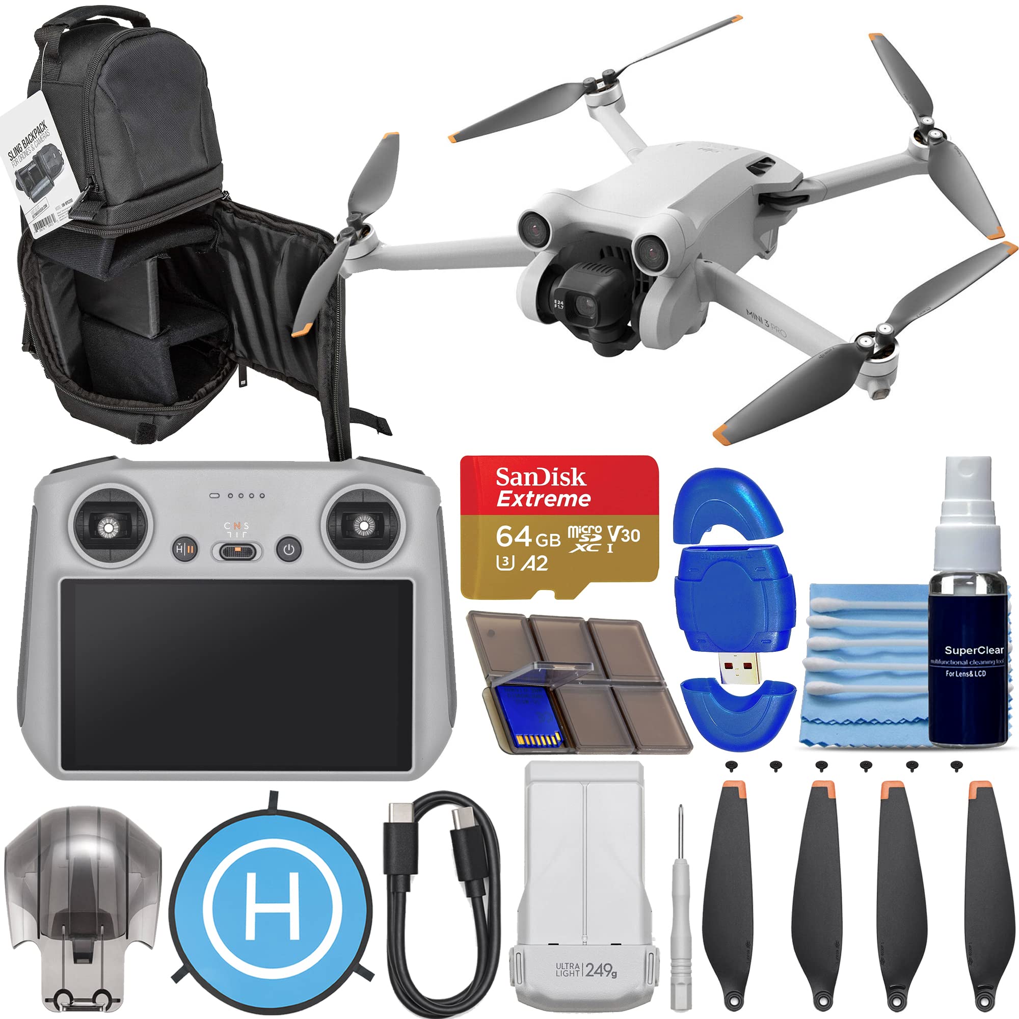 DJI Mini 3 Pro (DJI RC) Camera Drone 4K Video Quadcopter with RC Smart Controller CP.MA.00000492.02 with 64GB Memory Card, Landing Pad, Carrying Backpack + Pilot Bundle