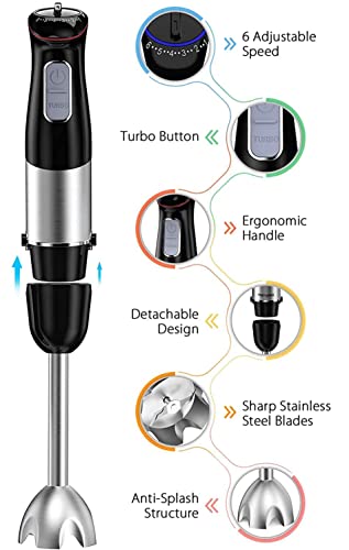 Hand Blender for Kitchen, 500W Immersion Blender 2-in-1 with 6 Speeds and Turbo Setting, Handheld Mixer with Stainless Steel Blades for Smoothie, Baby Food, Sauces, Puree, Soup, BPA Free, Black