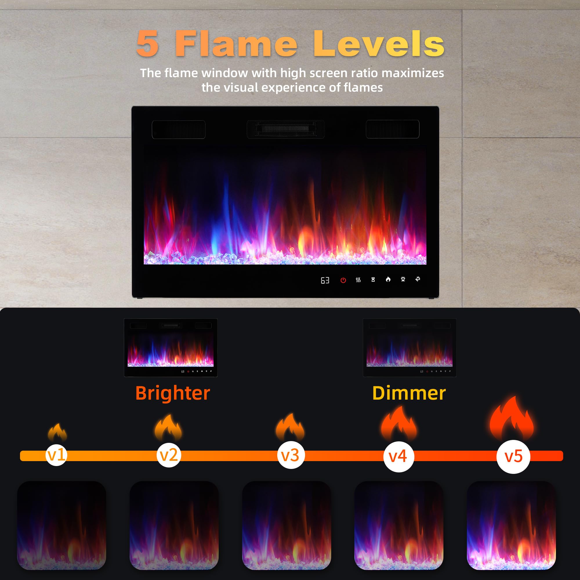 Electric Fireplace 36 Inch Insert Realsmart Recessed 750 1500 W High Screen Slim Wall Mountedle Fireplace Low Noise Overheat Protection Remote Control with Heater Timer Flame Color Sala Modernos (36β)