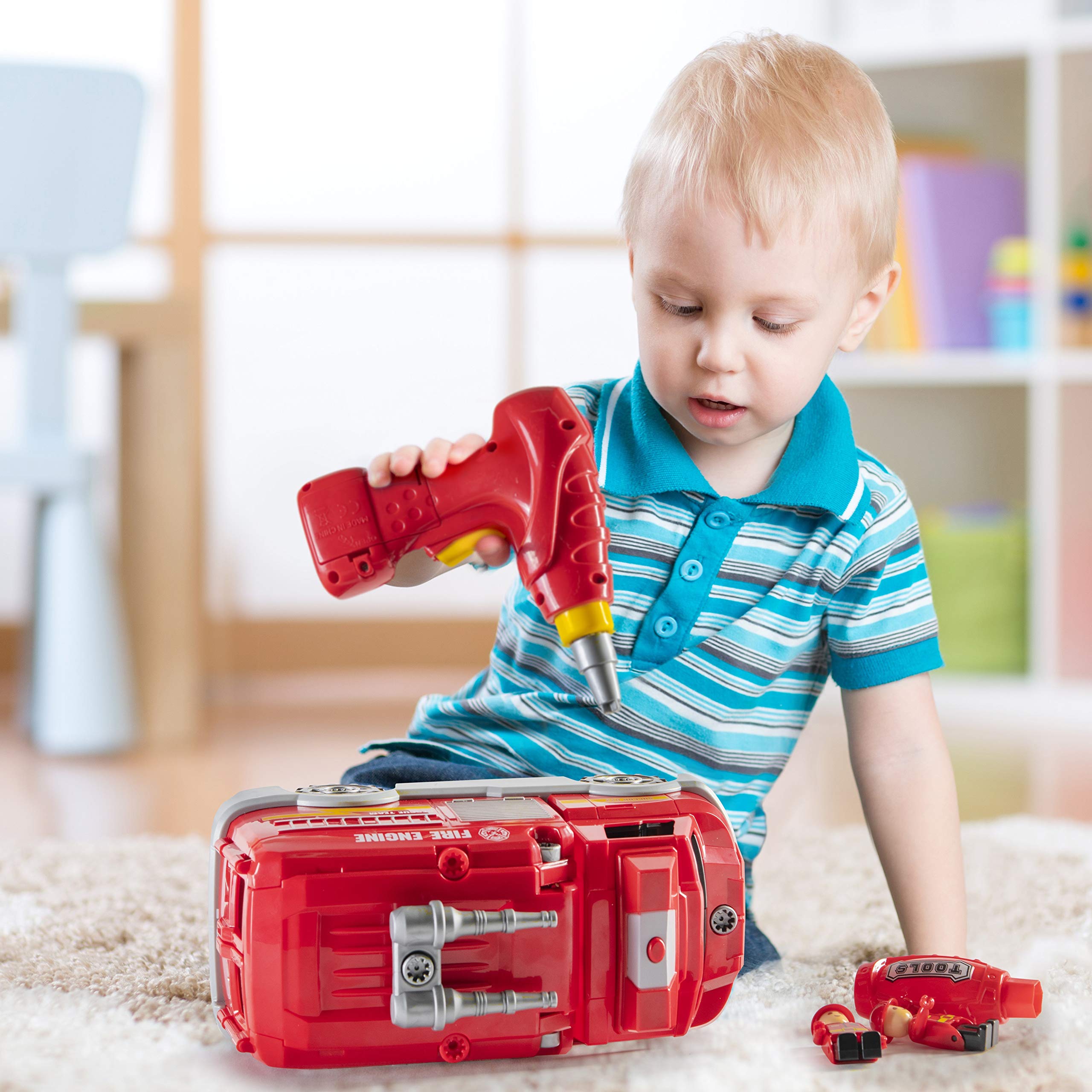 PREXTEX Take Apart Toy with Working Drill for Boys & Girls, Build Your Own Fire Truck Toy Educational Playset with Tools and Power Drill, DIY Assembly Truck with Realistic Sounds & Lights