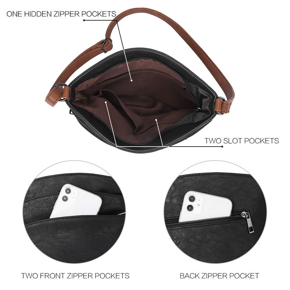 CLUCI Medium Crossbody Purses for Women, Multi Pockets Shoulder Bag, Vintage Messanger Bag, Vegan Leather Travel Two-tone Brown Coarse Grain