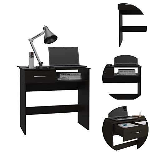 Classic Home Office with Single Drawer and Keyboard Tray Four Spacious Shelves Particle Board Computer Desk Black Rectangular Glossy