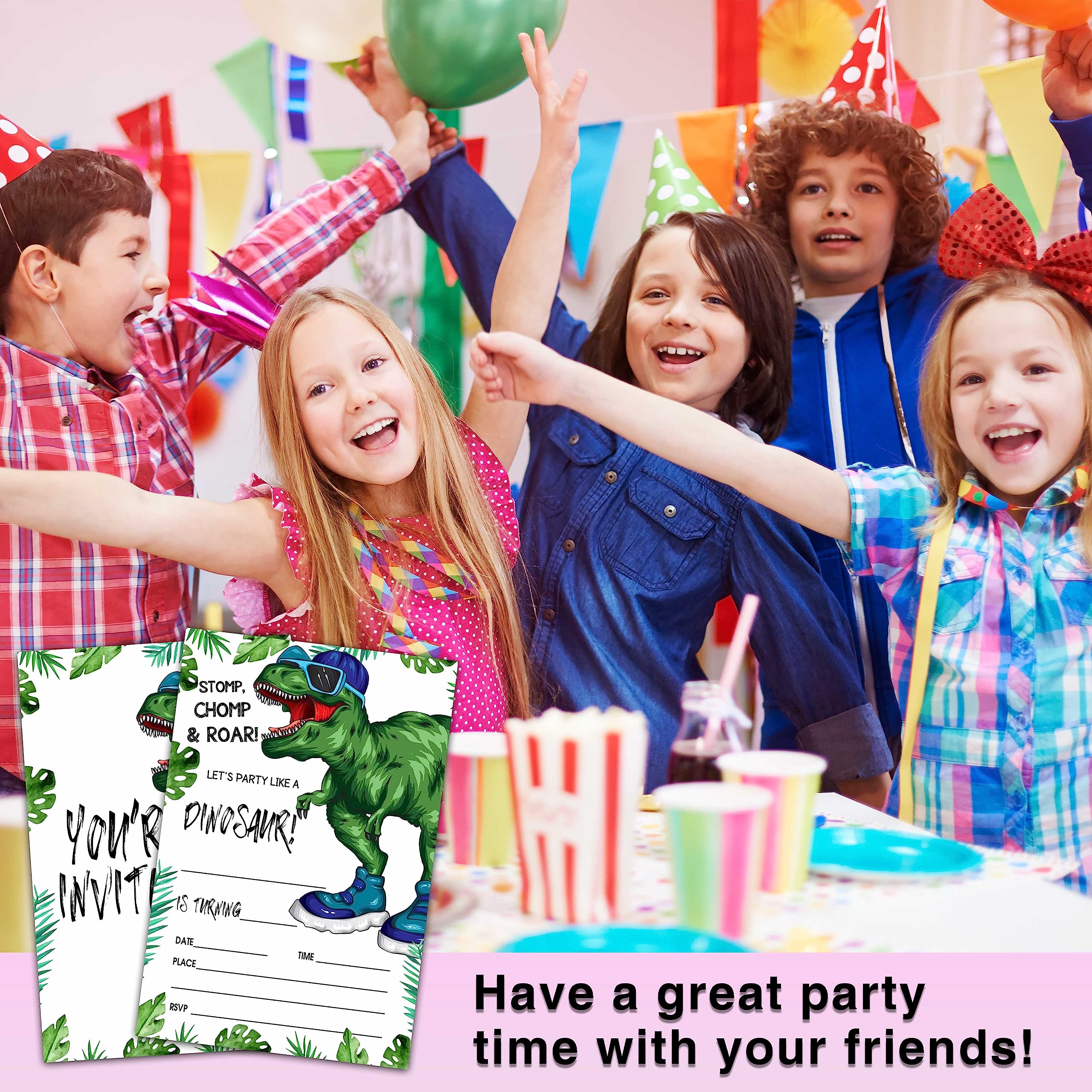 Byowiv Dinosaur Birthday Invitations, 20 Stomp Chomp Roar T-Rex Style Invite Cards with Envelopes, Birthday Party Celebration Supplies-A04