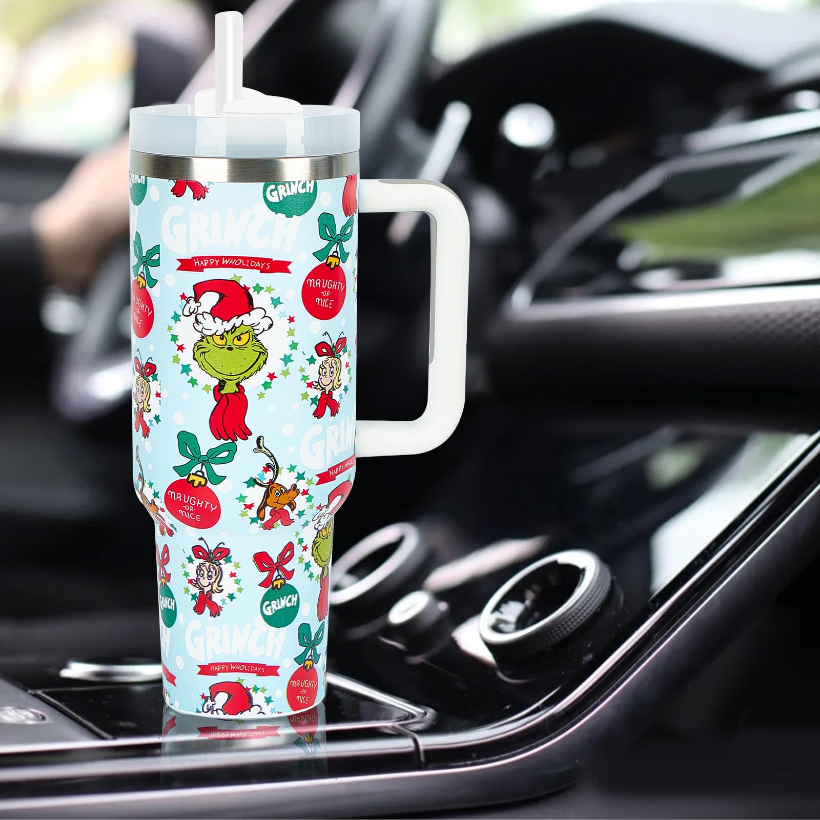 Funny Chrismas Stainless Steel Xmas Tumbler with Handle and Straw, Fits in Standard Cup Holder, 40 Ounces