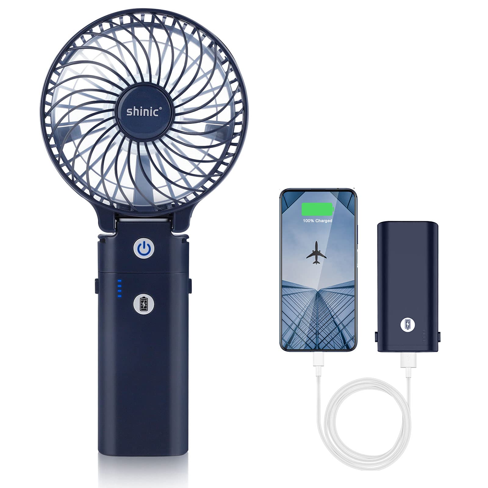 shinic Portable Handheld Fans 5200mAh, Rechargeable Personal Hand Fan with Power Bank, 5-20 Hrs Work Time, 3 Levels Strong Wind, 180° Foldable, Rechargeable Fan Portable for Outdoor Camping Travel