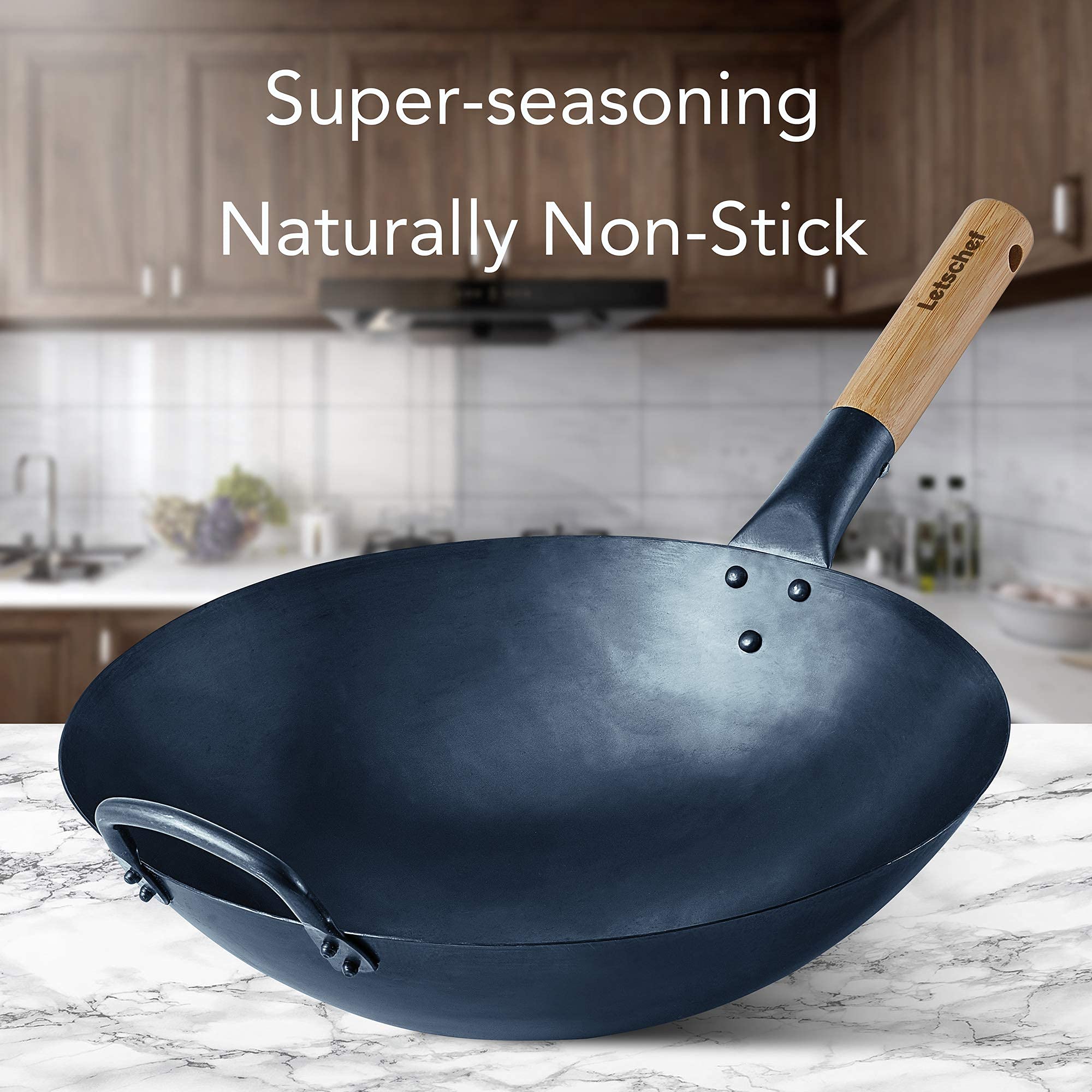 Letschef Preseasoned Carbon Steel Wok 14 Inches Hand Hammered Chinese Traditional Wok and Stir Fry Pan Round Bottom with Bamboo Handle PFOA Free Cookware