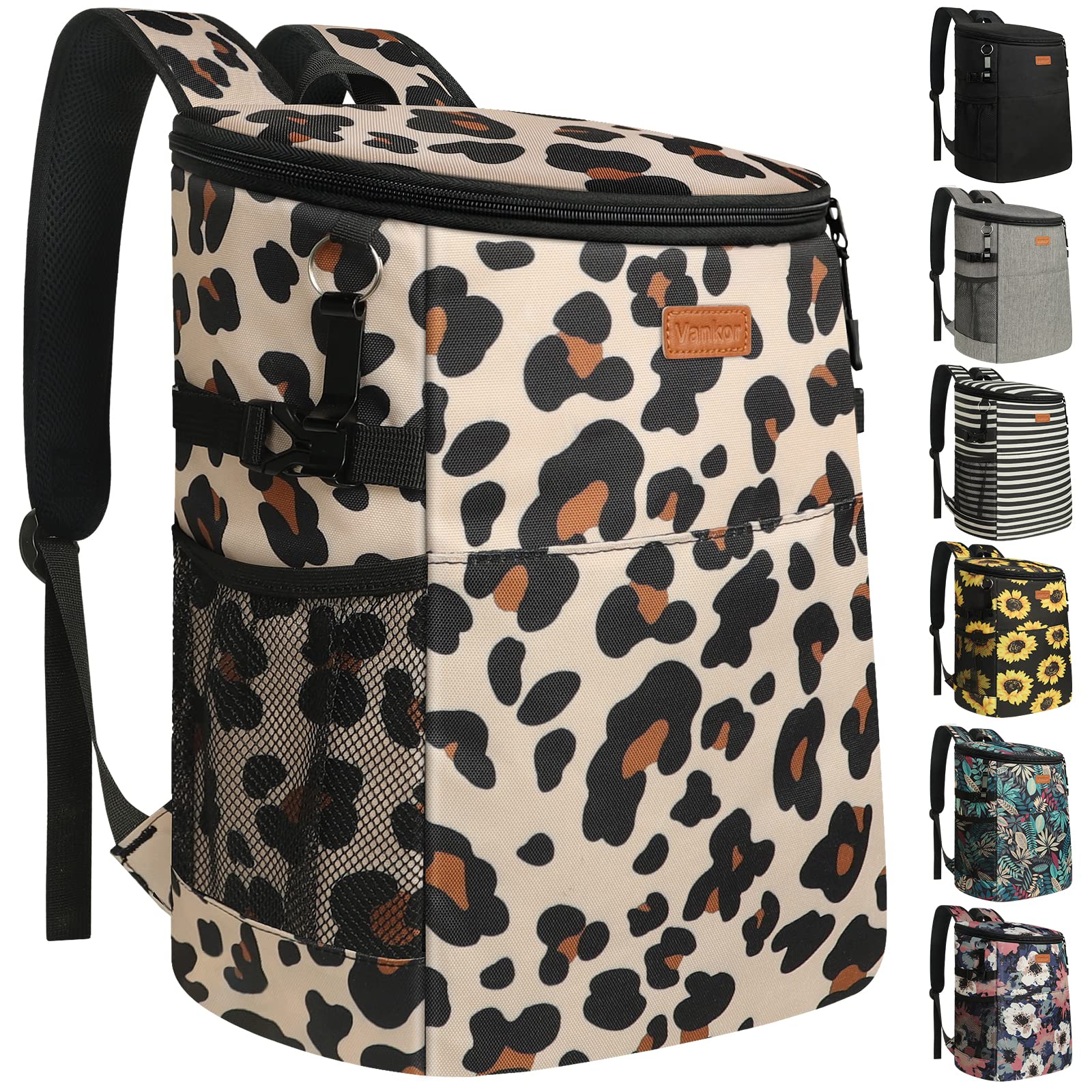 Camping Cooler Backpack 30 Cans, Soft Backpack Coolers Insulated Leak Proof Travel Cooler Bag Waterproof Lunch Picnic Beach Work Trip Thermal Bag Drink Beverage Beer Bag Cooler Leopard Print