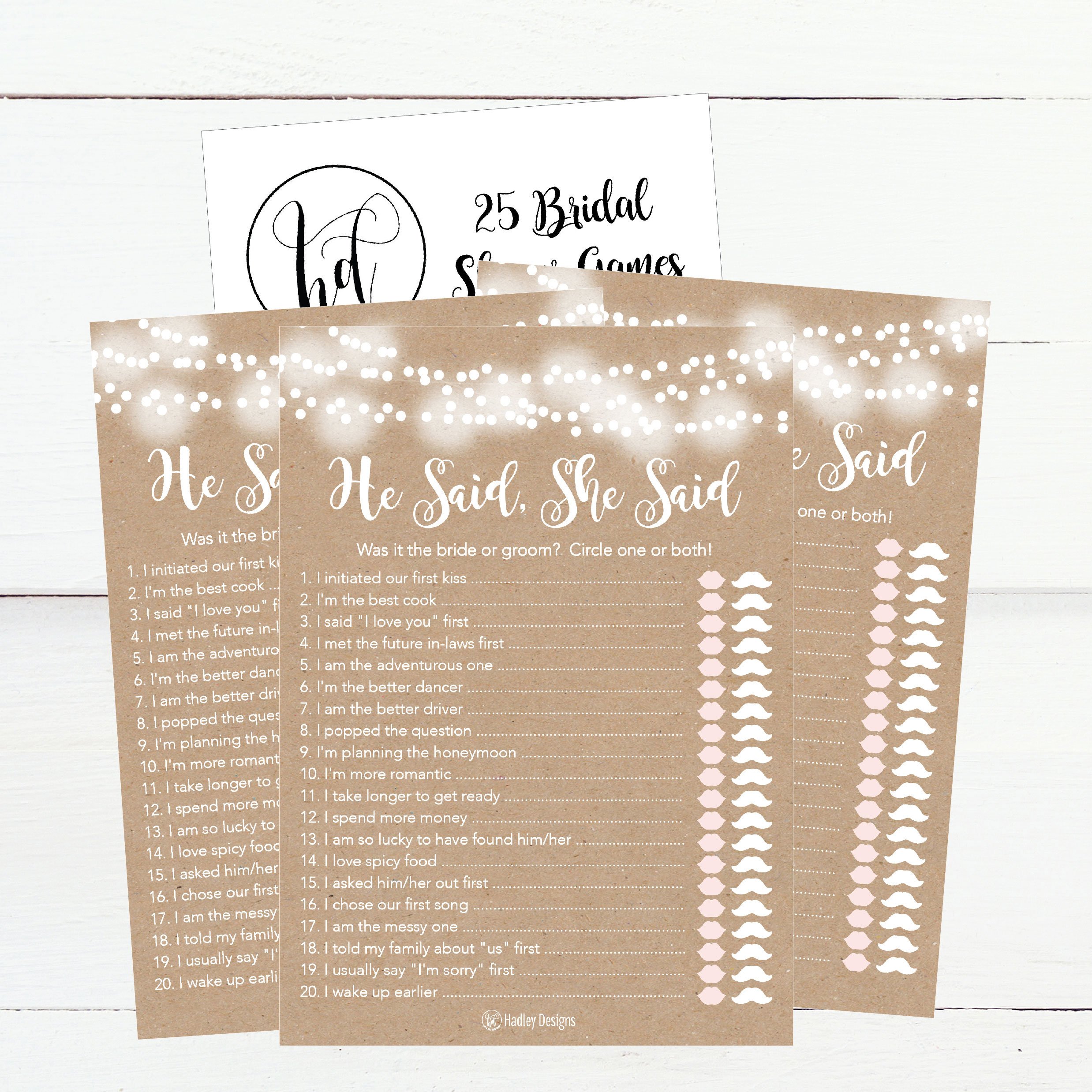 Hadley Designs 25 Rustic Wedding Bridal Shower Engagement Bachelorette Party Game, He Said She Said Cards for Couples, Funny Co Ed Trivia Rehearsal Dinner Guessing Question Fun Supplies Kit