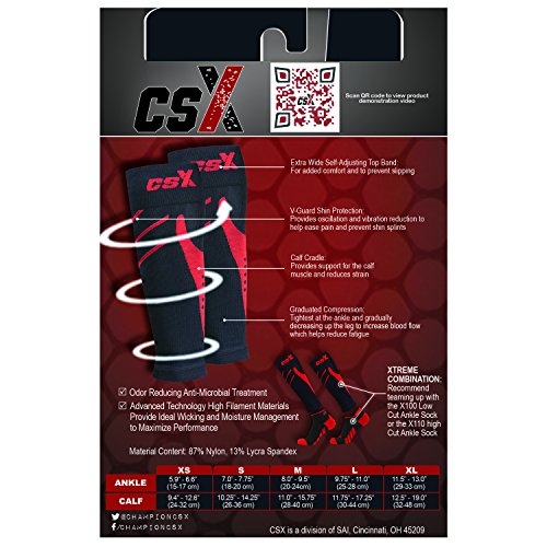 CSX 15-20 mmHg Compression Sleeve for Men and Women, Leg Calf Support, Athletic Sport Fit, Red on Black, Medium