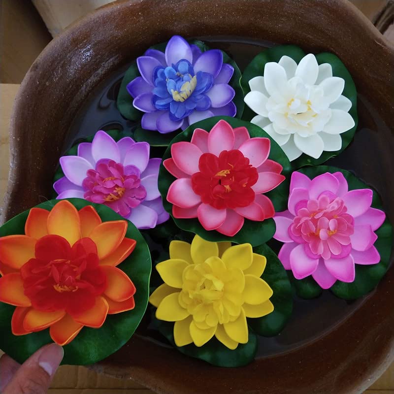 XIZHI 7 Pcs Artificial Floating Foam Lotus Flower with Water Lily Pad, Floating Artificial Lotus Flowers Decor Floating Pond Decor Home Decoration