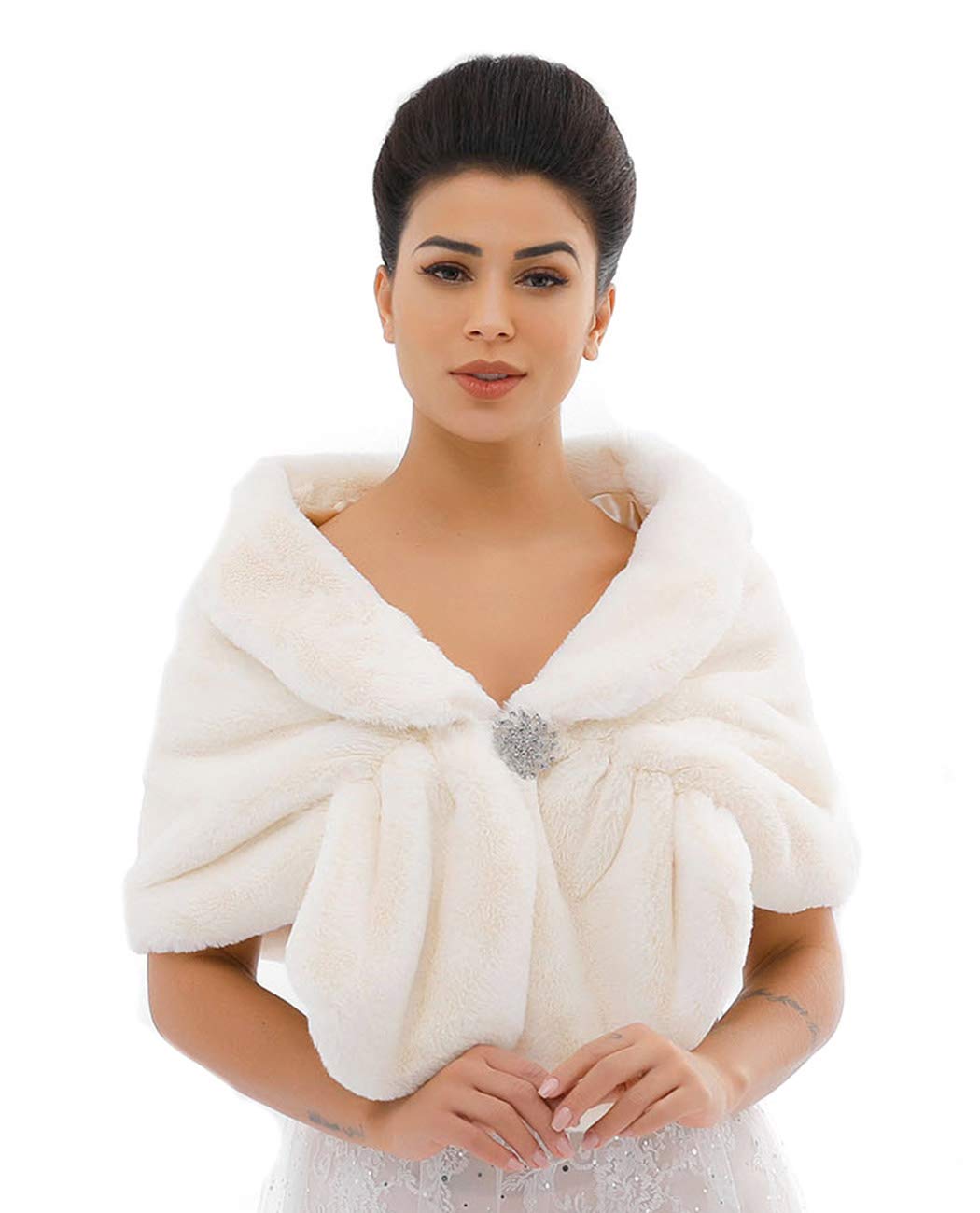 Catery Wedding Bridal Faux Fur Shawls and Wraps Women Fur Stole Winter Cover Up Accessories for Women and Girls(White) (US 4-14 (S-M), Beige)