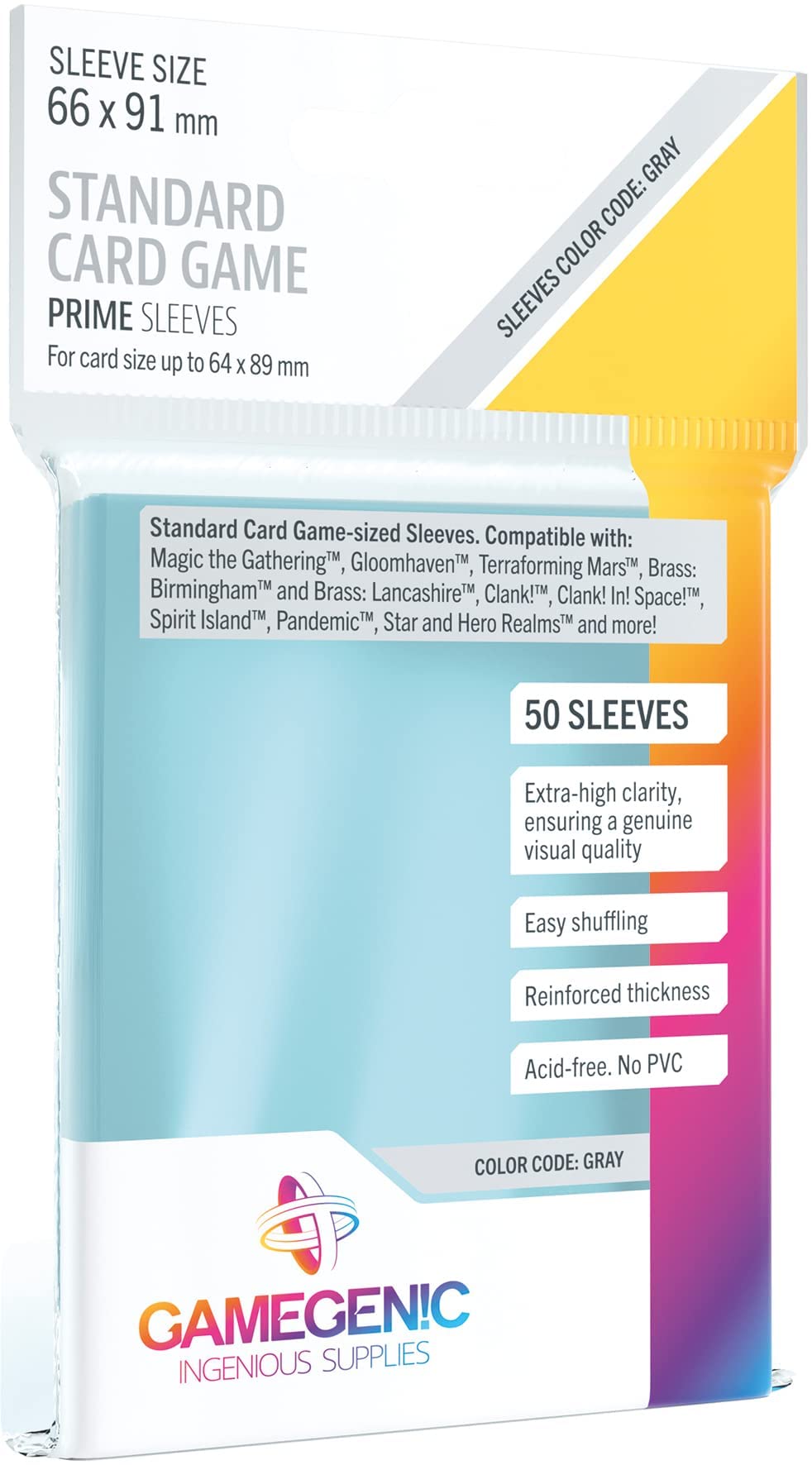 Prime Board Game Sleeves | Pack of 50 Extra-Clear Sleeves | 66 by 91 mm Card Sleeves Optimized for Use with Standard Card Games | Premium Card Protection | FFG Gray Color Code | Made by Gamegenic