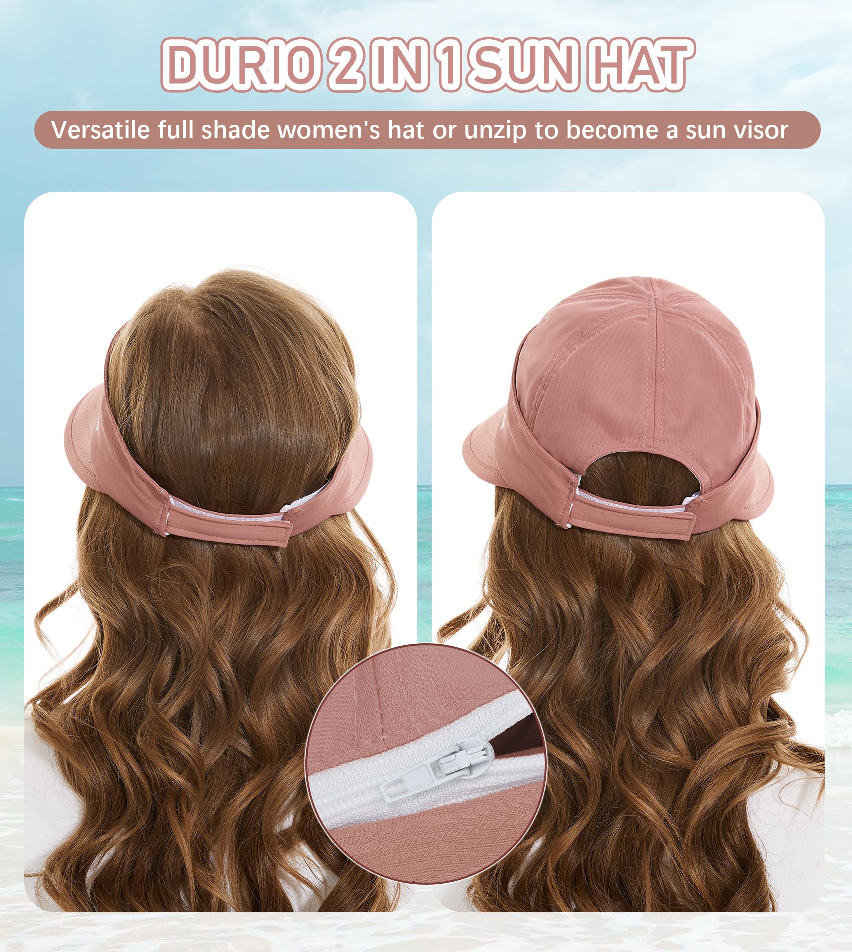 Durio Wide Brim Summer Beach Hats for Women 2024 UPF 50+ Sun Hat 2 in 1 Visors for Women Foldable Zip-Off Visor with Wind Strap Packable Womens Sun Hat Safari Fishing Gardening Beige One Size