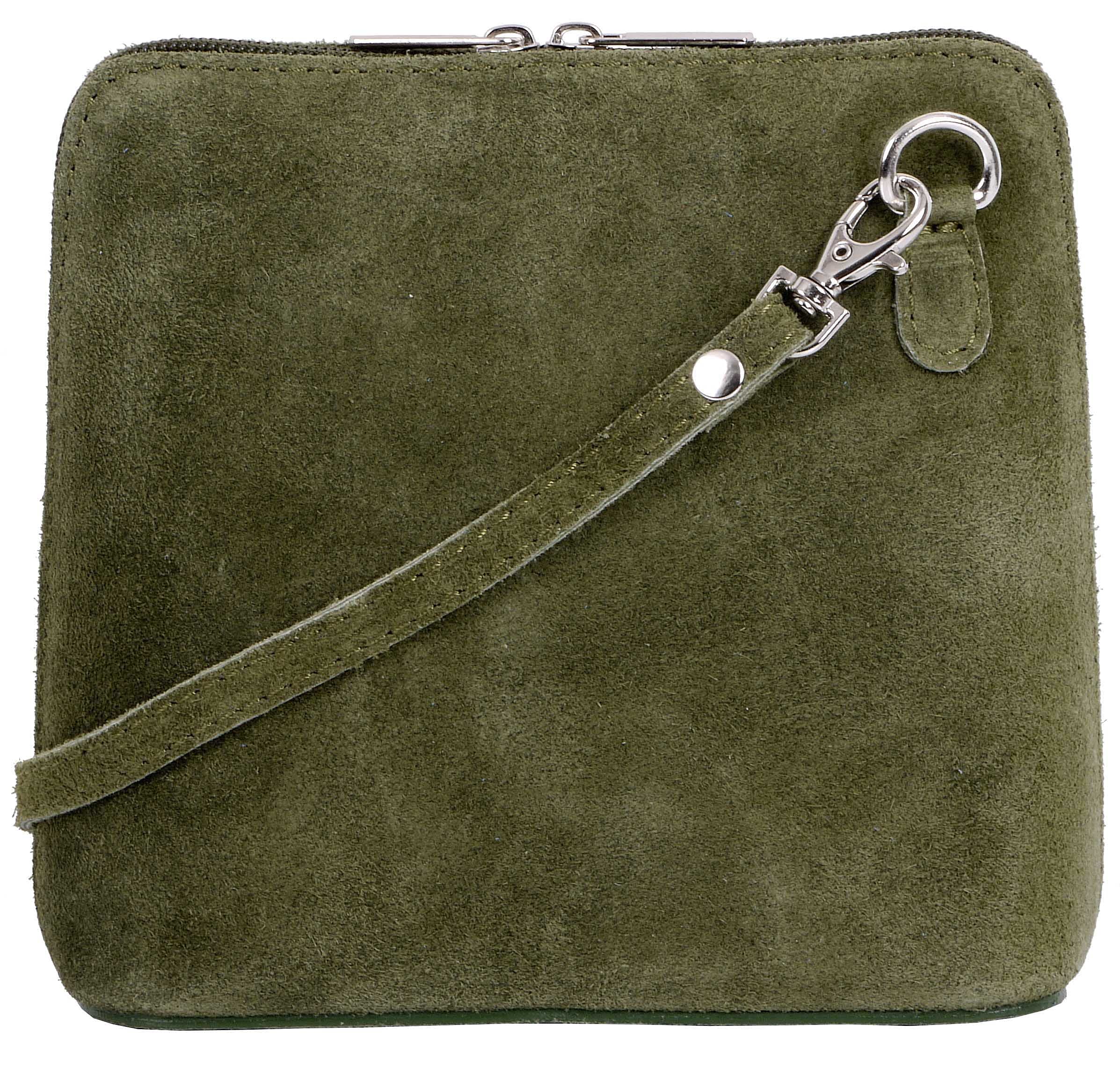 PRIMO SACCHI Ladies Italian Suede Leather Small Micro Olive Green Crossbody Shoulder Bag Handbag Purse
