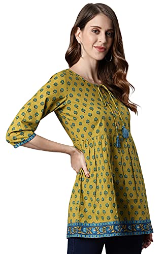 Janasya Indian Women's Green Cotton Tunic(JNE3688-TU-S)