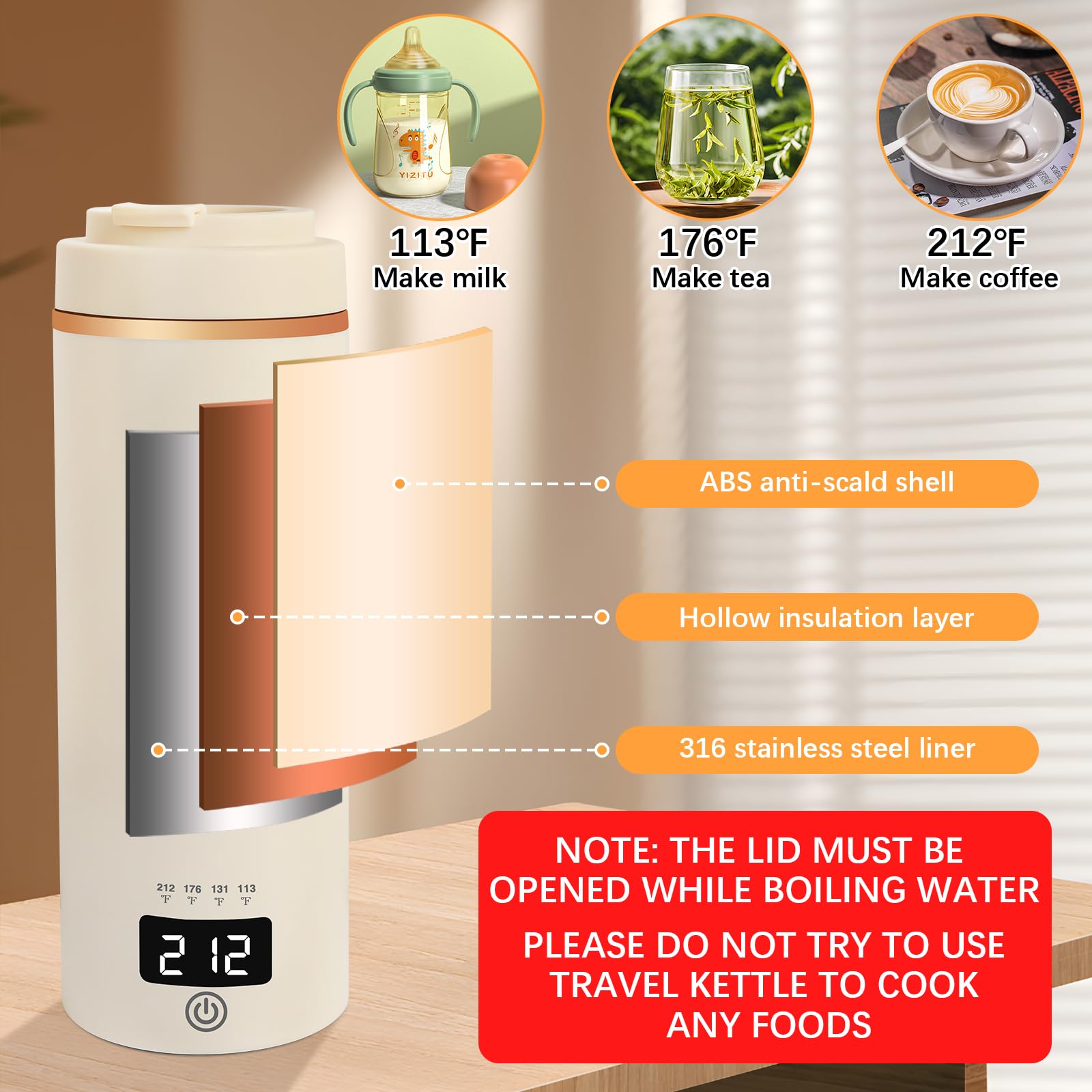 Electric Kettle For Travel Portable Small Kettle 0.5L(17 OZ), Fast Boiling Mini Water Kettle 316 Stainless Steel For Tea/Coffee, Hot Water Boiler with 4 Temperature,Auto Shut-Off,110V (Beige)