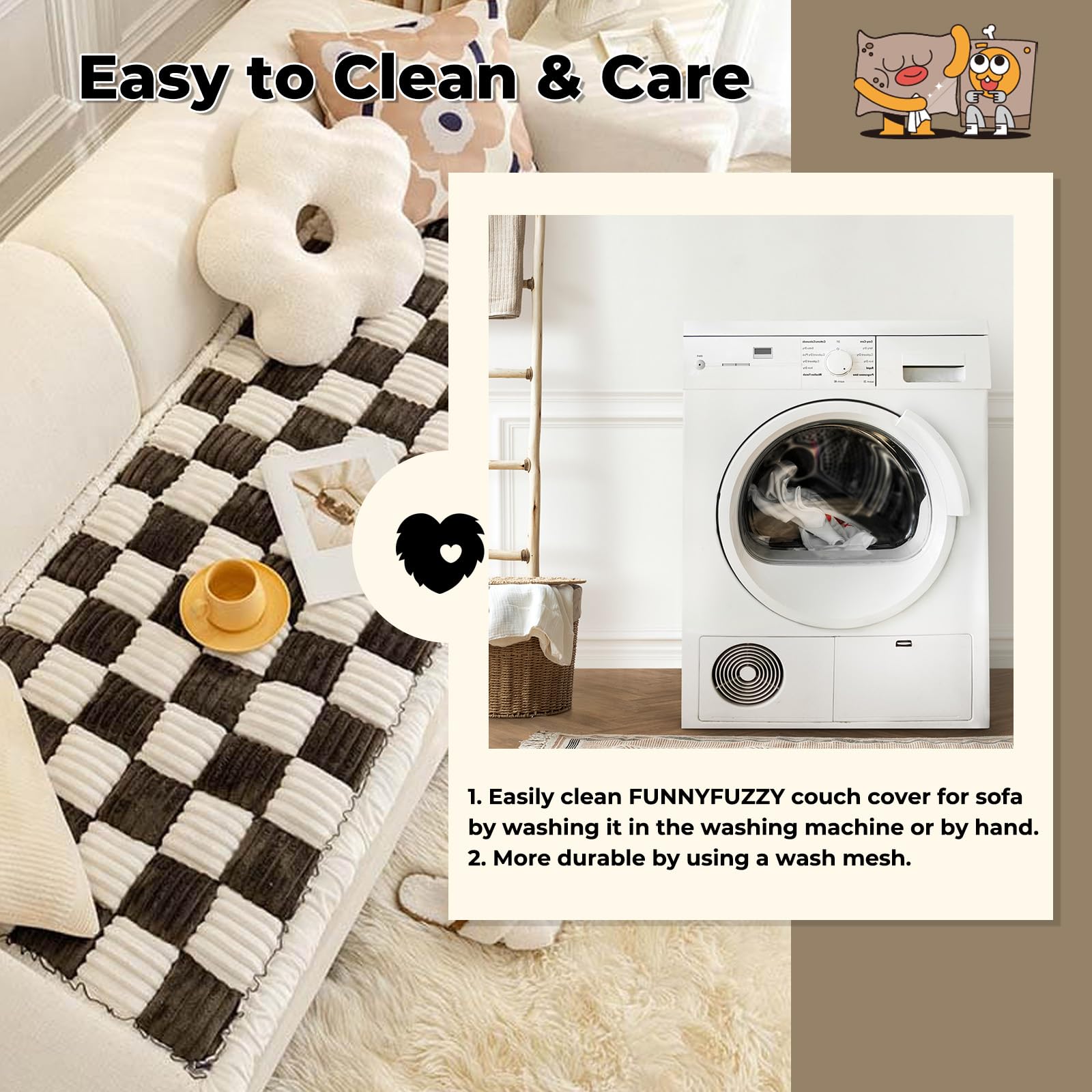 FUNNY FUZZY Couch Covers for Sofa, Pet Mat Bed Couch Cover Washable Pet Bed Cover Cream-Colored Large Plaid Square Protective Furniture Sofa Cover, 27.6"×59.1"