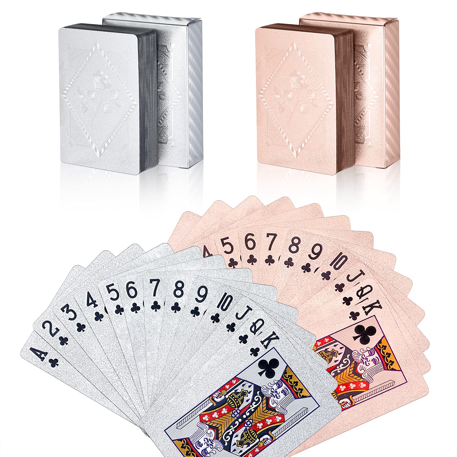 Zayvor 2 Decks Playing Cards Foil Poker Cards Deck of Cards 24K Gold Diamond Foil Poker Cards Waterproof Plastic Cards with Gift Box,Game Tools for Family Game Party- Cool Silver and Rose Gold