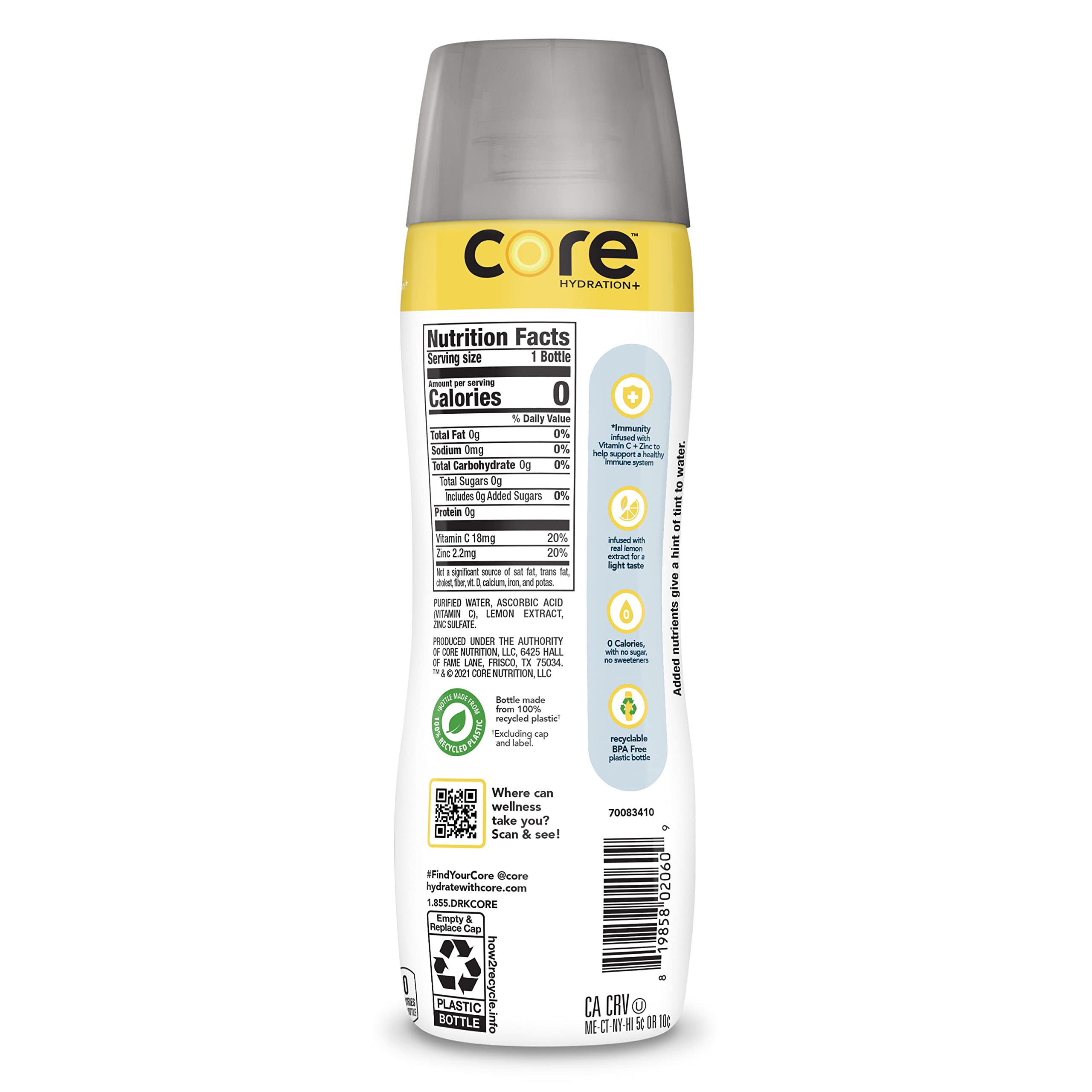 CORE Hydration+ Immunity, Lemon Extract Nutrient Enhanced Water with Vitamin C and Zinc, 23.9 Fl Oz Bottle (Pack of 12)