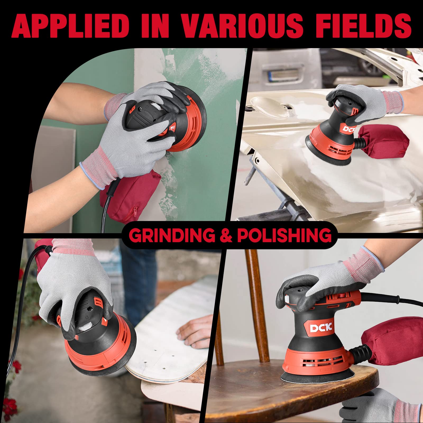 DCK Random Orbital Sander, 3.0 AMP Corded Palm Sander, 6 Speeds Max 12,000 OPM, 5-Inch with 10 pcs Sandpapers, Dust Bag, Low Vibration, Drywall Sander for Woodworking, Decoration Furniture (KSA125)