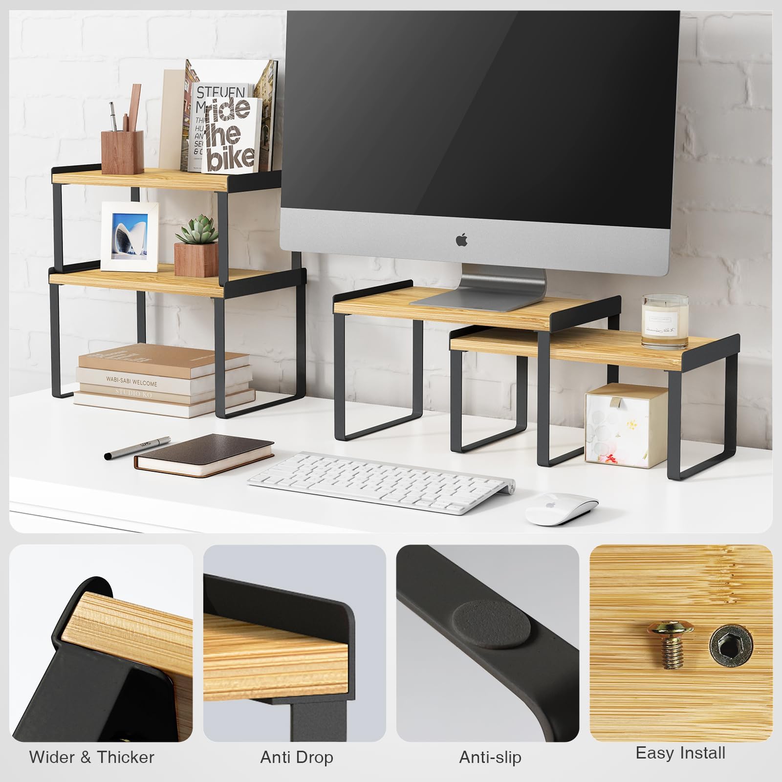 Goozii Kitchen Cabinet Organizer Shelves Set of 4, Expandable Counter Shelf Rack for Plate Dish Cup Mug Spice, Stackable Shelf Riser for Pantry Cupboard Desk Top Corner Storage (Bamboo, Black)