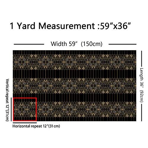 Marble Upholstery Fabric, Black Grey Geometric Gold Plaid Fabric by The Yard, Modern Luxury Diamond Decorative Fabric with Metallic Stripe Printed Beehive Hexagon Grid Fabric, 2 Yards