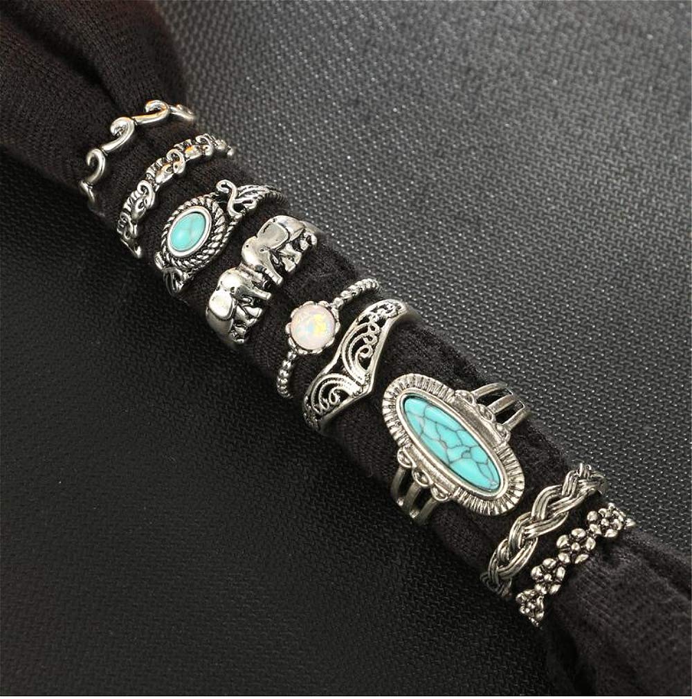 Cathercing 9 Pcs Turquoise Ring Set for Women Knuckle Vintage Rings Pack for Women Bohemian Rings Silver Joint Knot Rings Set Halloween Party Daily Gift (style 3)