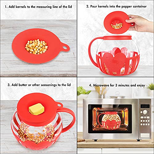 The Original Korcci 3 Quart Microwave Glass Popcorn Popper, Borosilicate Glass, Dishwasher Safe, 3-in-1 Silicone Lid, BPA Free, Family Size (Red)